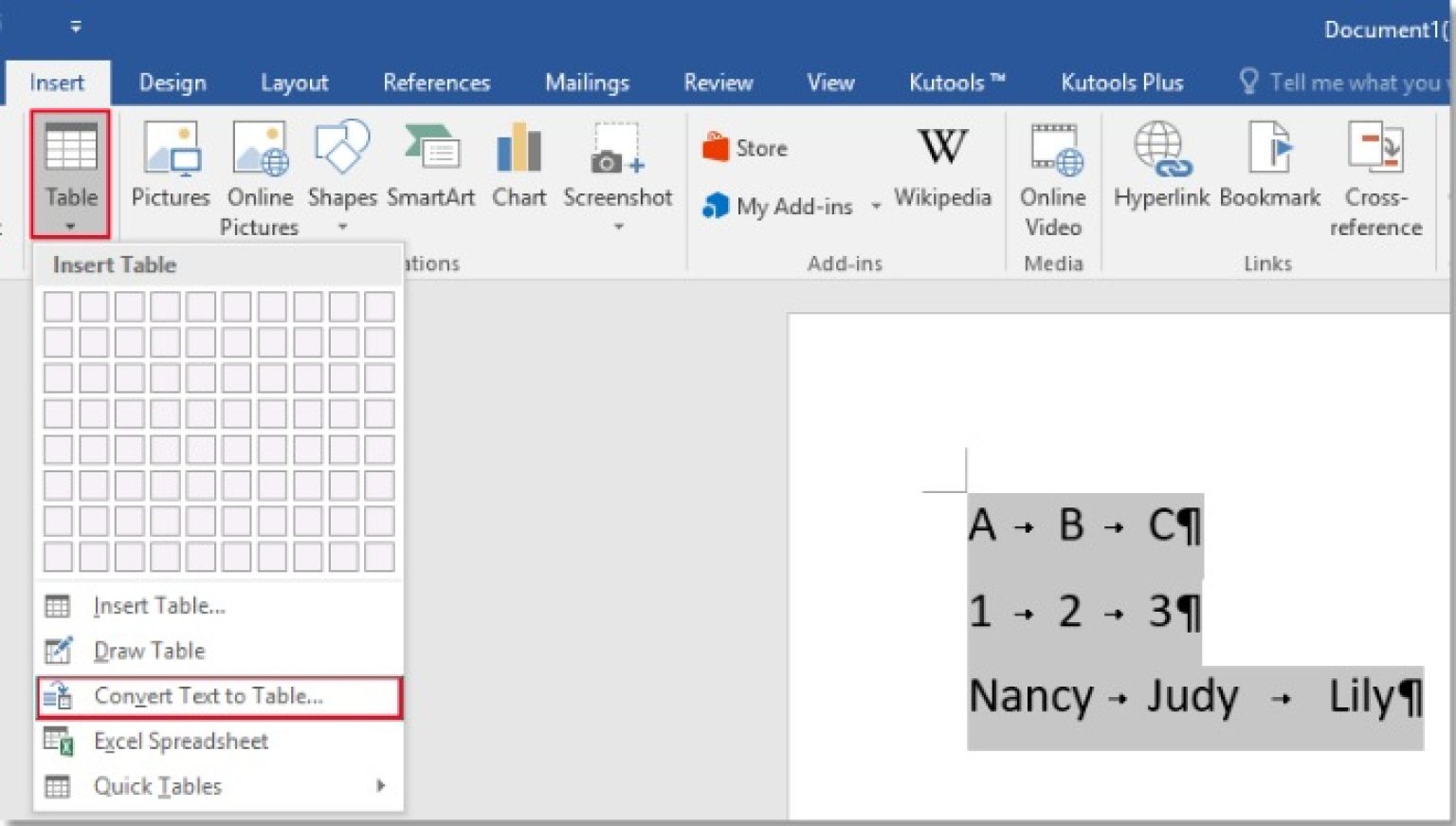 How to convert a list to table or vice versa in Word document? - Gotkey.net