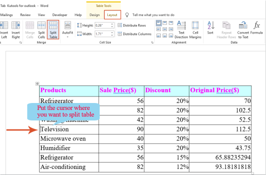 How to split table horizontally or vertically in a Word document ...