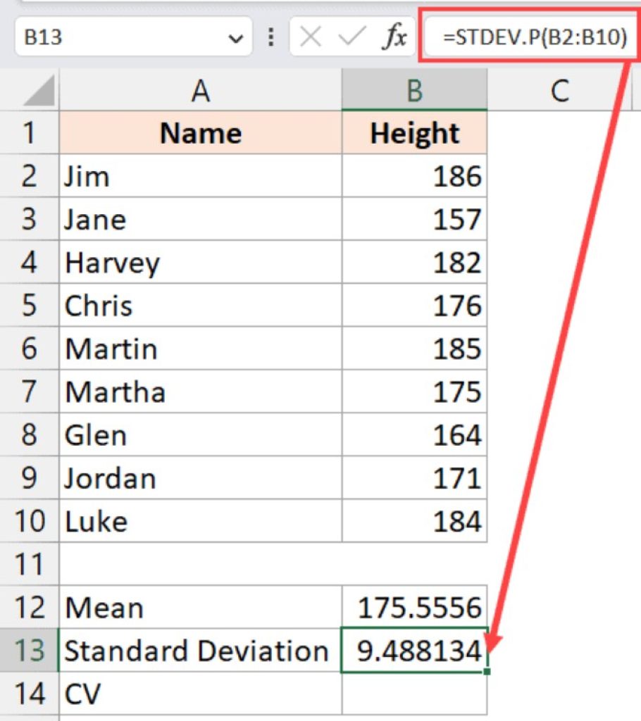 Calculating the Coefficient of Variation (CV) in Excel