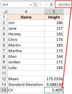 Calculating the Coefficient of Variation (CV) in Excel