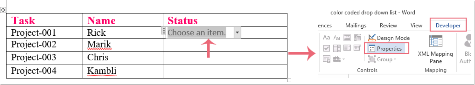 How to insert color coded drop down list in Word table? - Gotkey.net