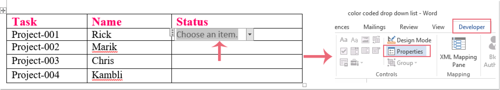 How to insert color coded drop down list in Word table? - Gotkey.net