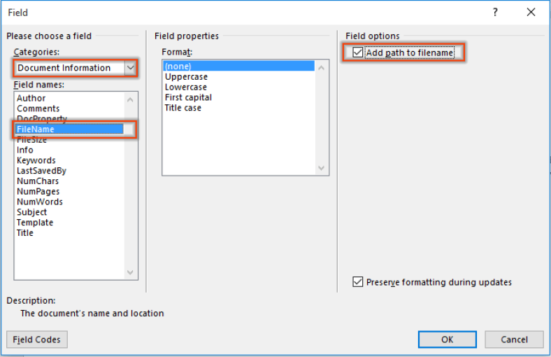 How to insert file path and name into documents footer or header in ...